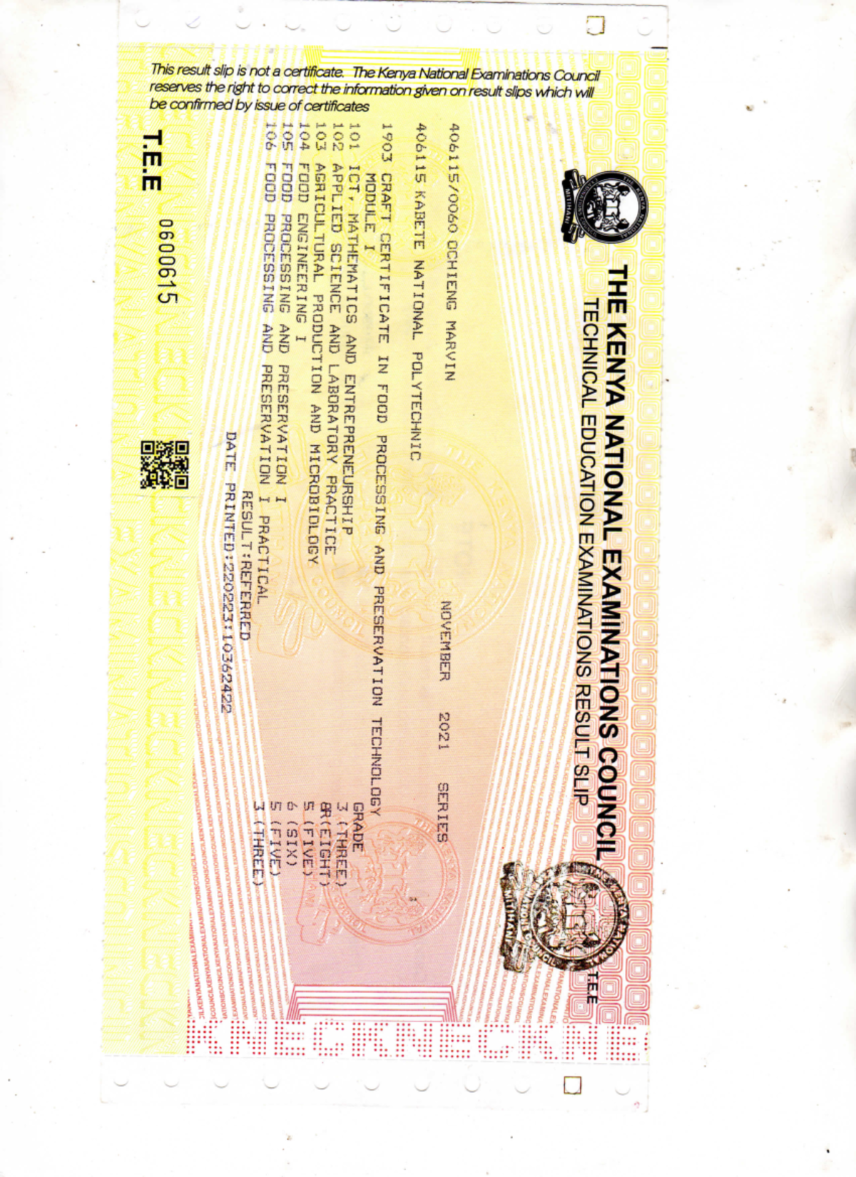 Kenya National Examinations Council Result Slip - Nov 2021 Series - Studocu