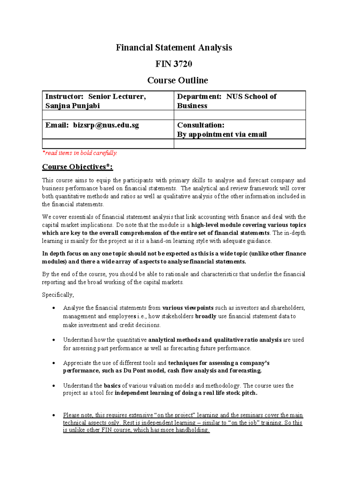 Financial Statement Analysis Course Outline - FIN 3720 - Studocu