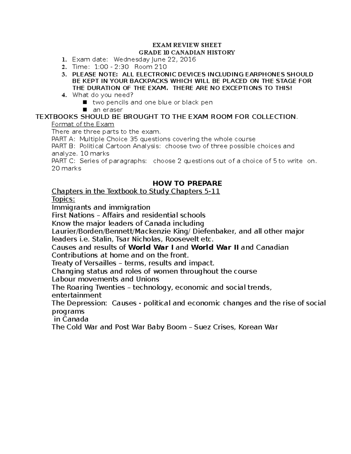 Grade 10 Canadian History Exam Review Sheet - Key Notes for Prep - Studocu