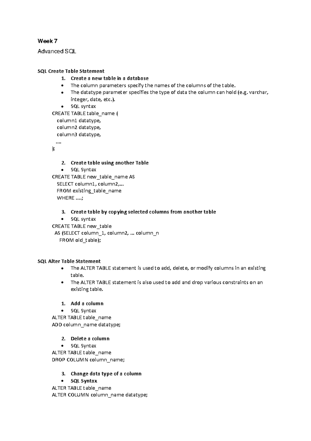 Itec200 Week 7 Lecture Notes Week 7 Advanced Sql Sql Create Table Statement 1 Create A New