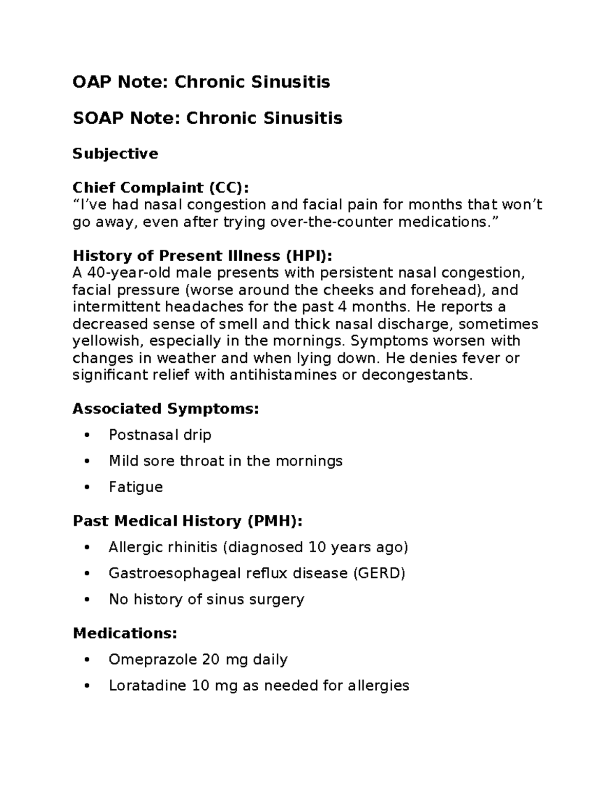 SOAP Note (OAP) - Chronic Sinusitis and Seasonal Allergic Rhinitis ...