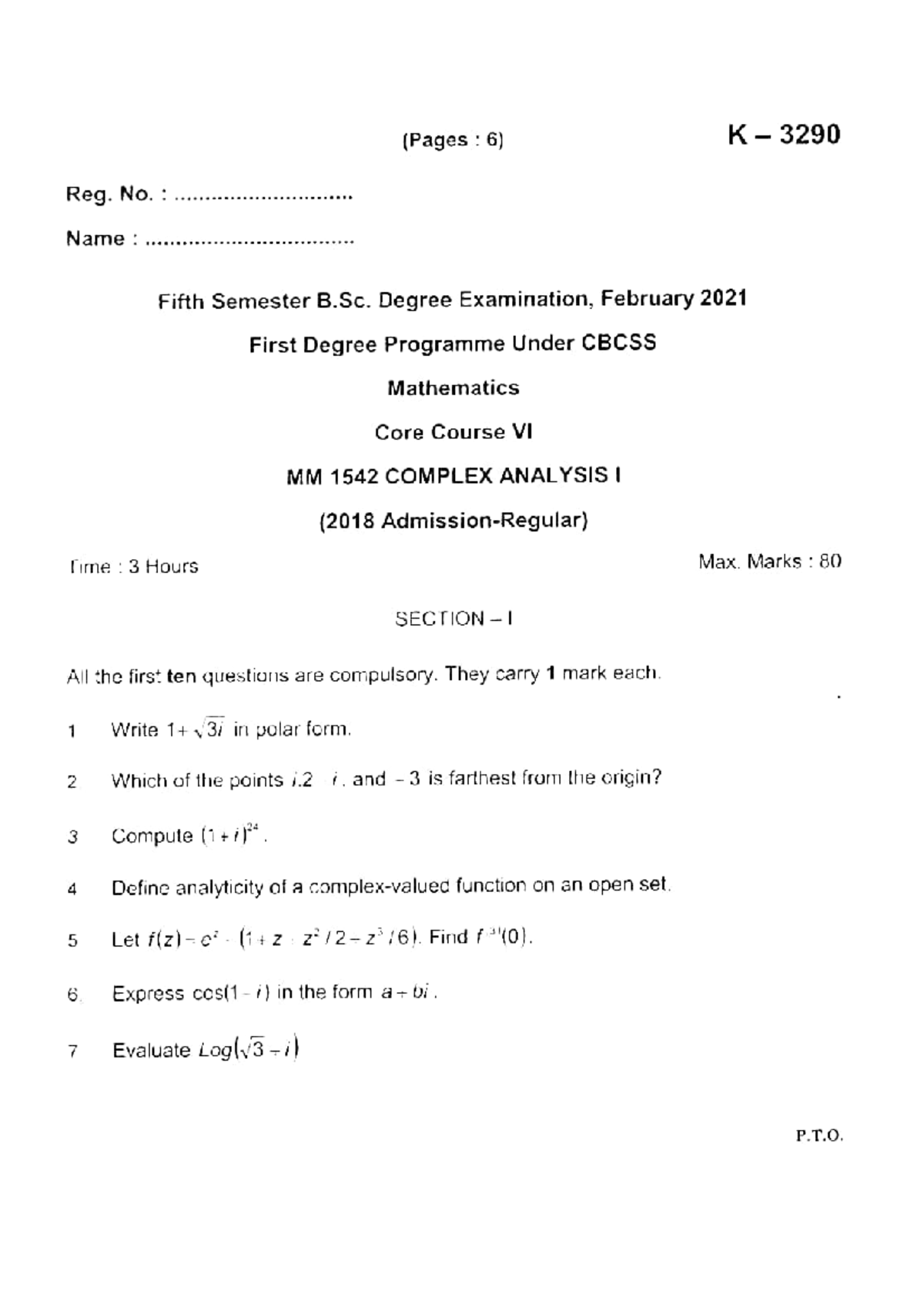 Complex Analysis B.Sc Maths 5th Sem Exam Questions and Solutions - Studocu