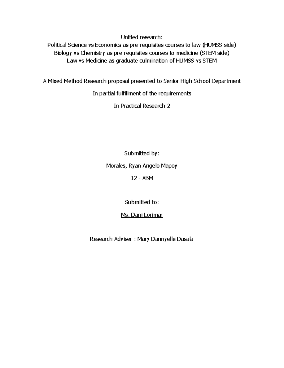 Mixed Method Research Proposal: HUMSS vs STEM Paths in Law & Medicine ...