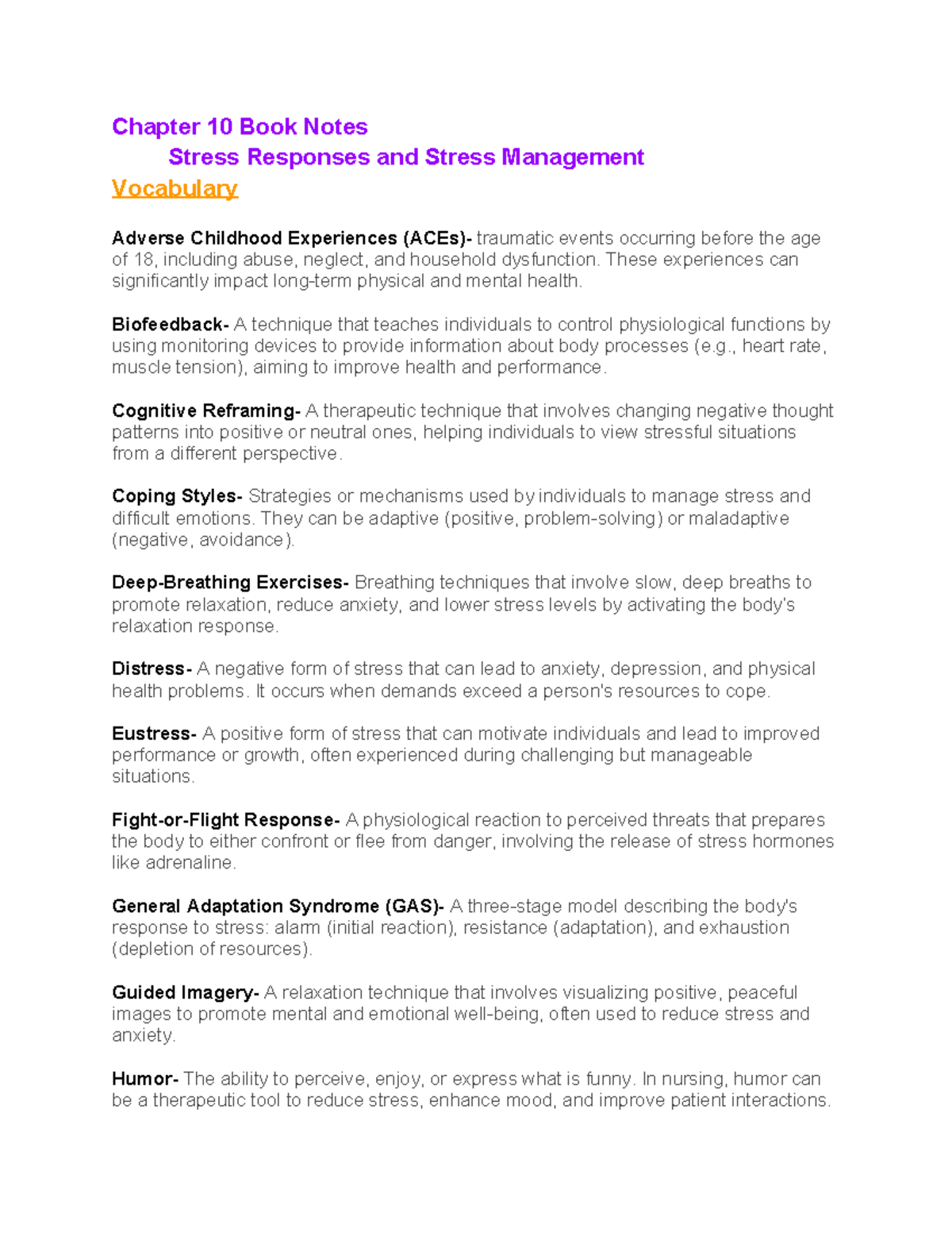 Chapter 10 Book Notes - Chapter 10 Book Notes Stress Responses and ...