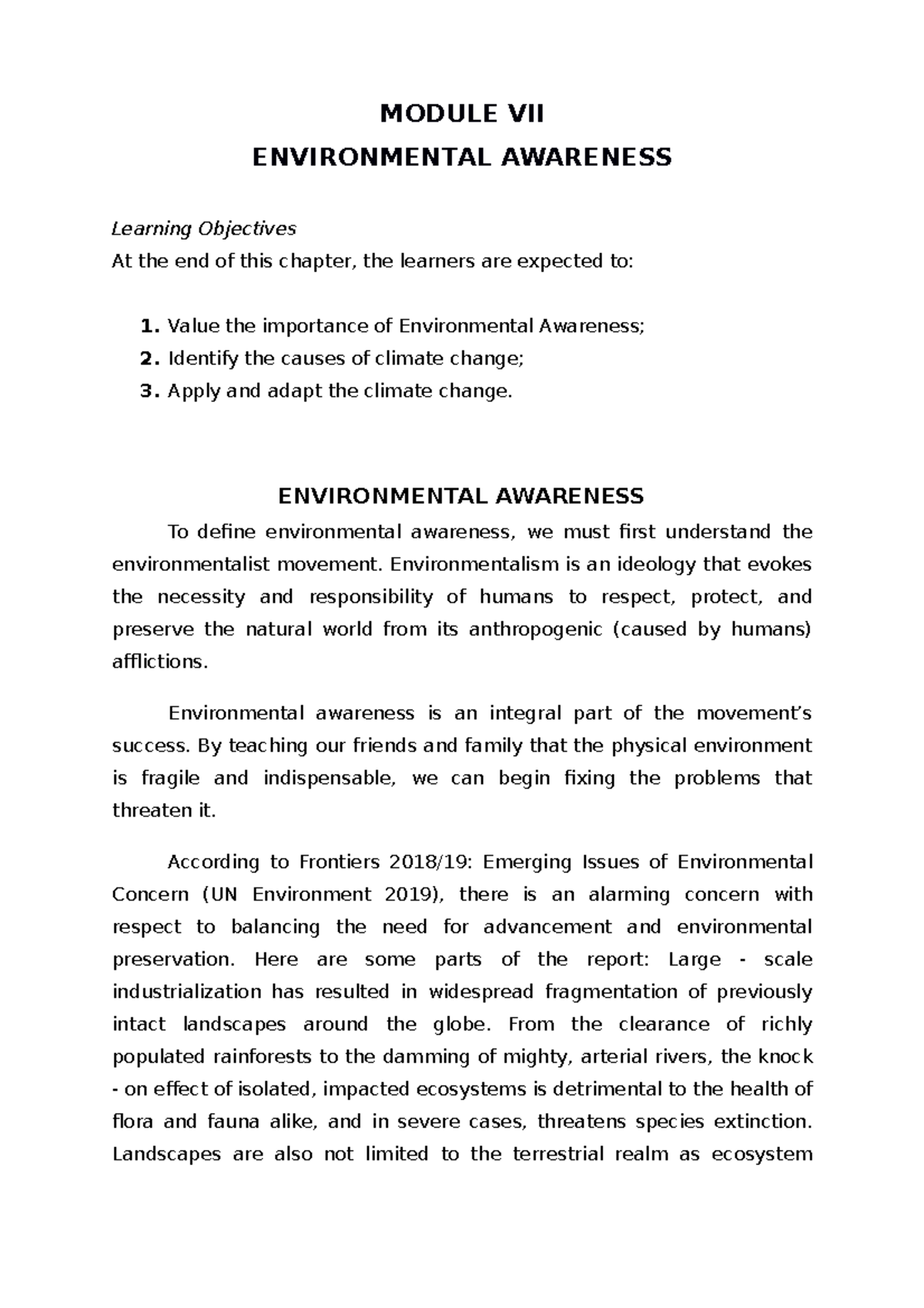 NSTP- Module Lesson 7: Understanding Environmental Awareness and ...