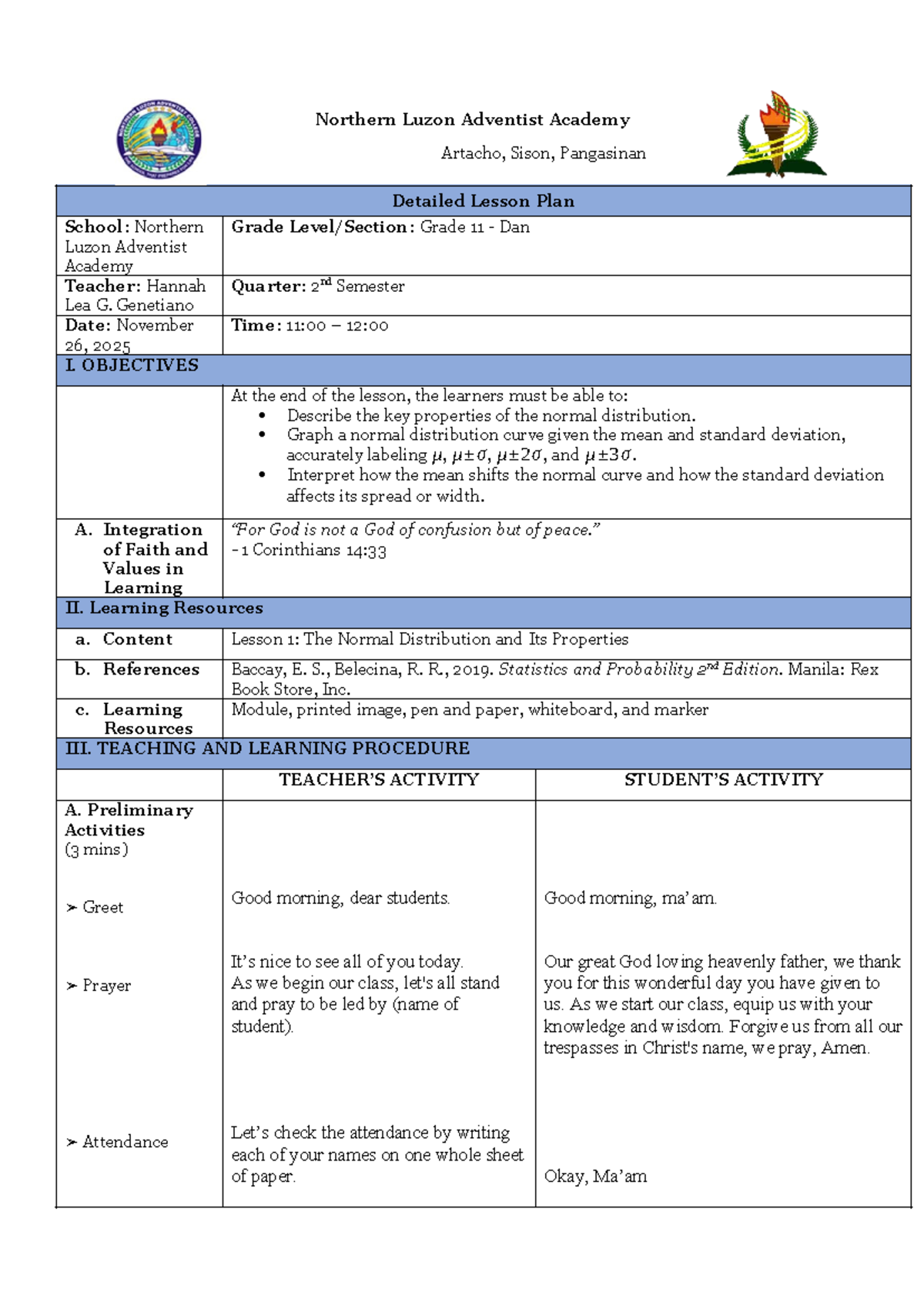 Grade 11 - Detailed Lesson Plan on Normal Distribution Properties - Studocu