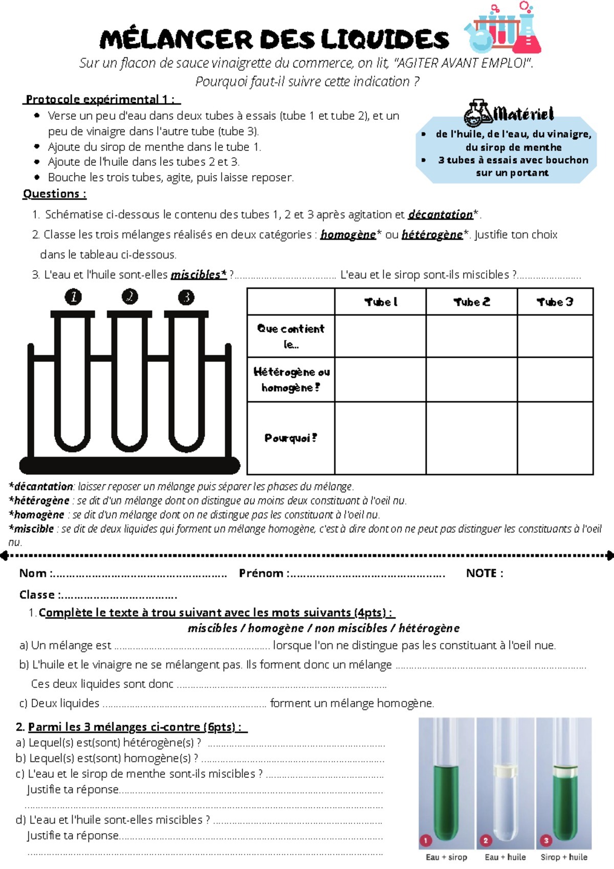 Melange de liquide - Tube 1 Tube 2 Tube 3 Que contient le... Hétérogène ...