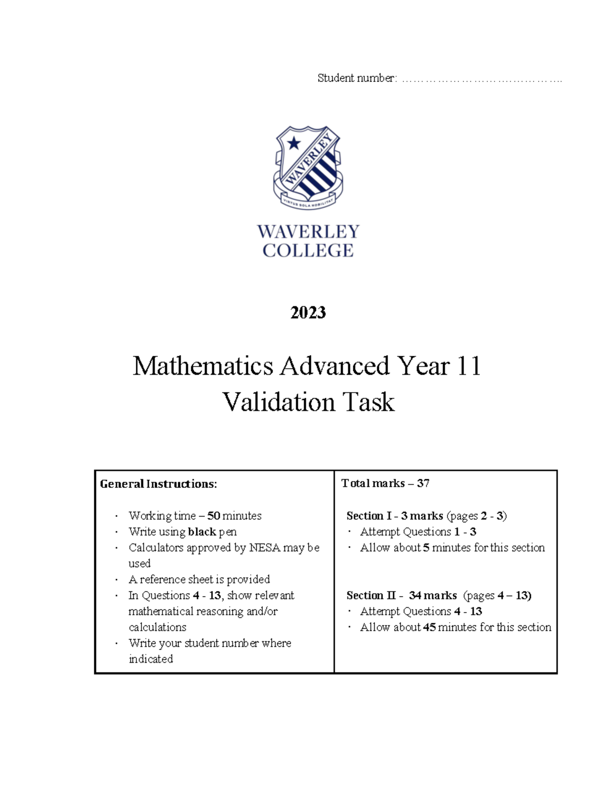 Year 11 Mathematics Advanced Validation Task 2023 - General ...