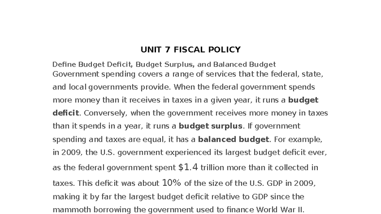 UNIT 7 FISCAL POLICY: Understanding Budget Deficits, Surpluses, and ...