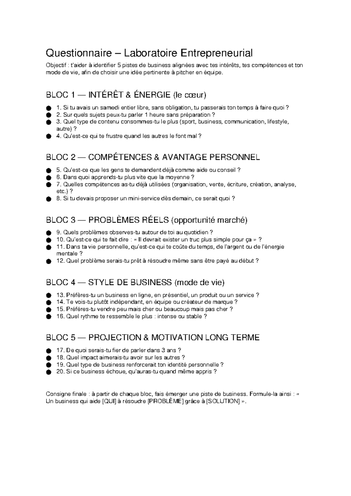 Questionnaire Laboratoire Entrepreneurial : Identifier 5 Pistes de ...