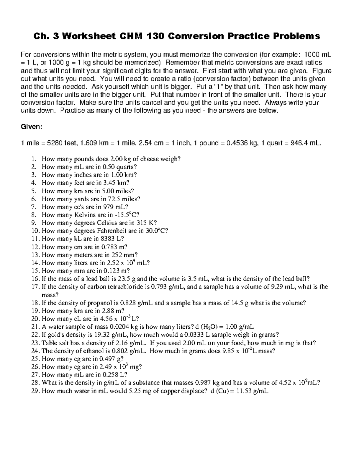 CHM 130 Dimensional Analysis Practice Problems Set 2 with Solutions ...