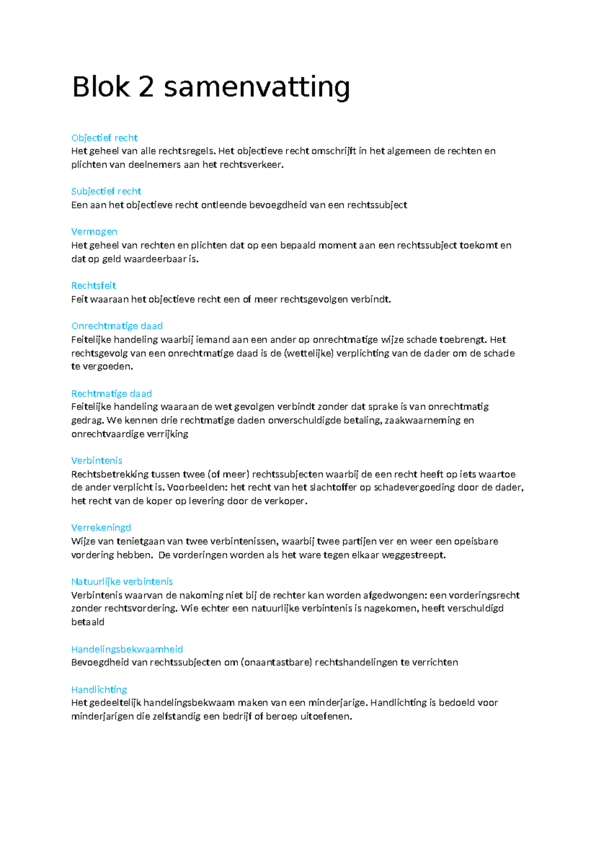 Samenvatting Blok 2: Objectief en Subjectief Recht en Verbintenissen ...