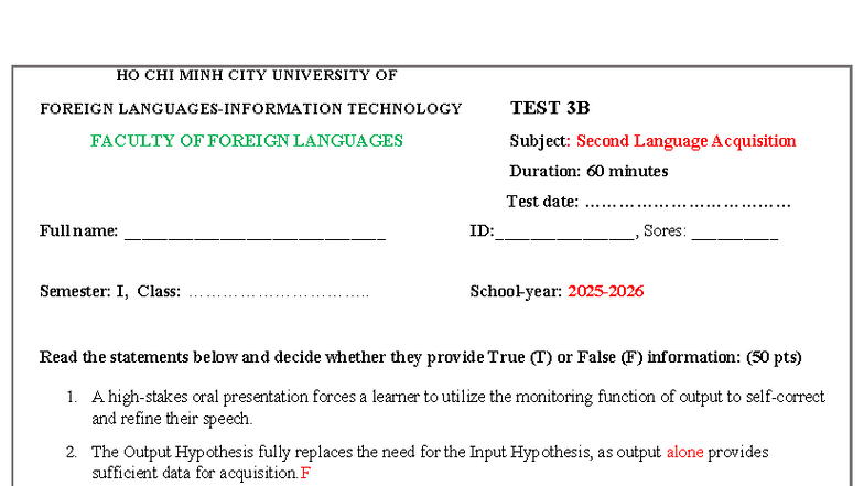 TEST 3B - Second Language Acquisition (SLA) Evaluation - Studocu