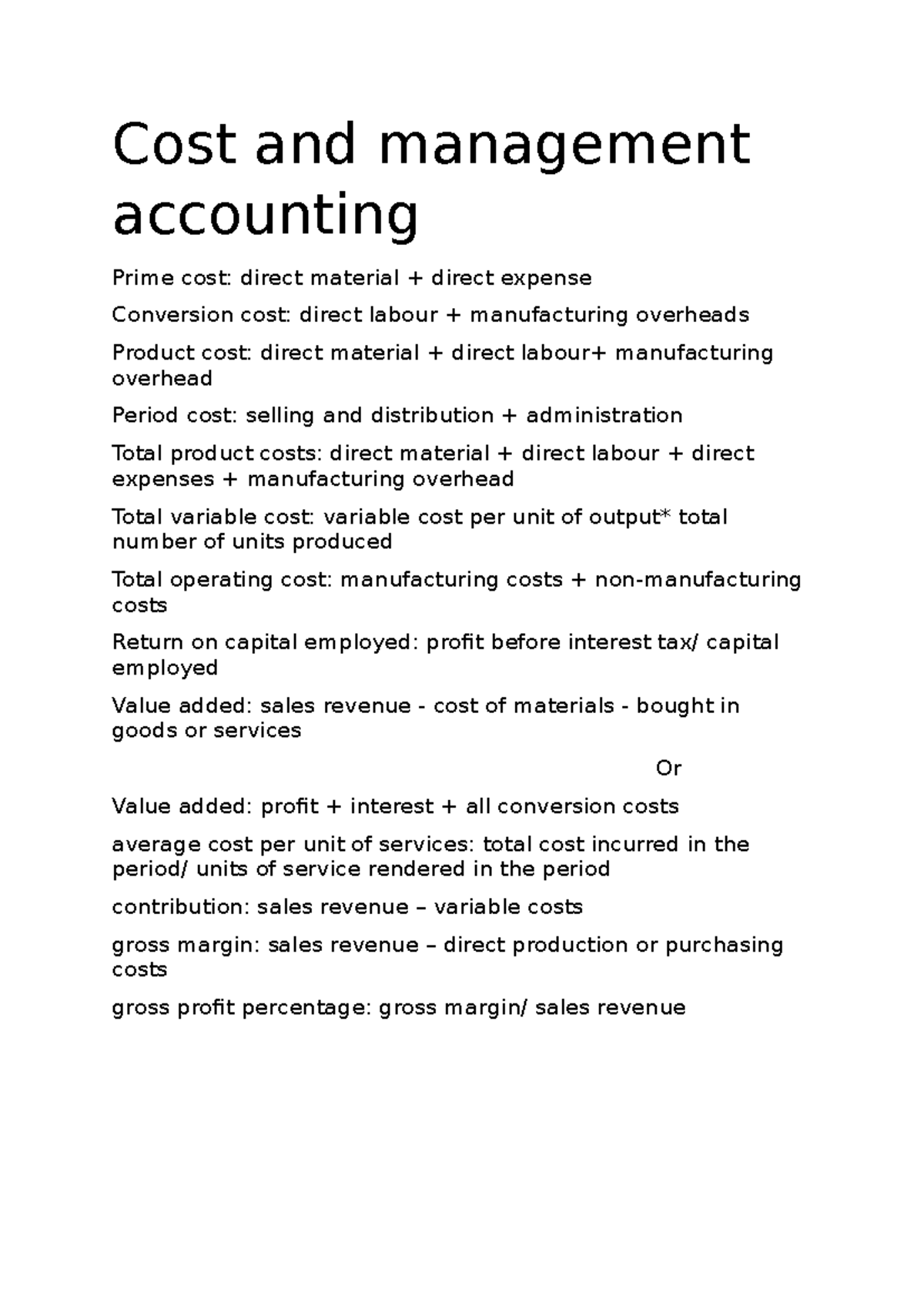 Cost and Management Accounting: Key Concepts and Calculations - Studocu