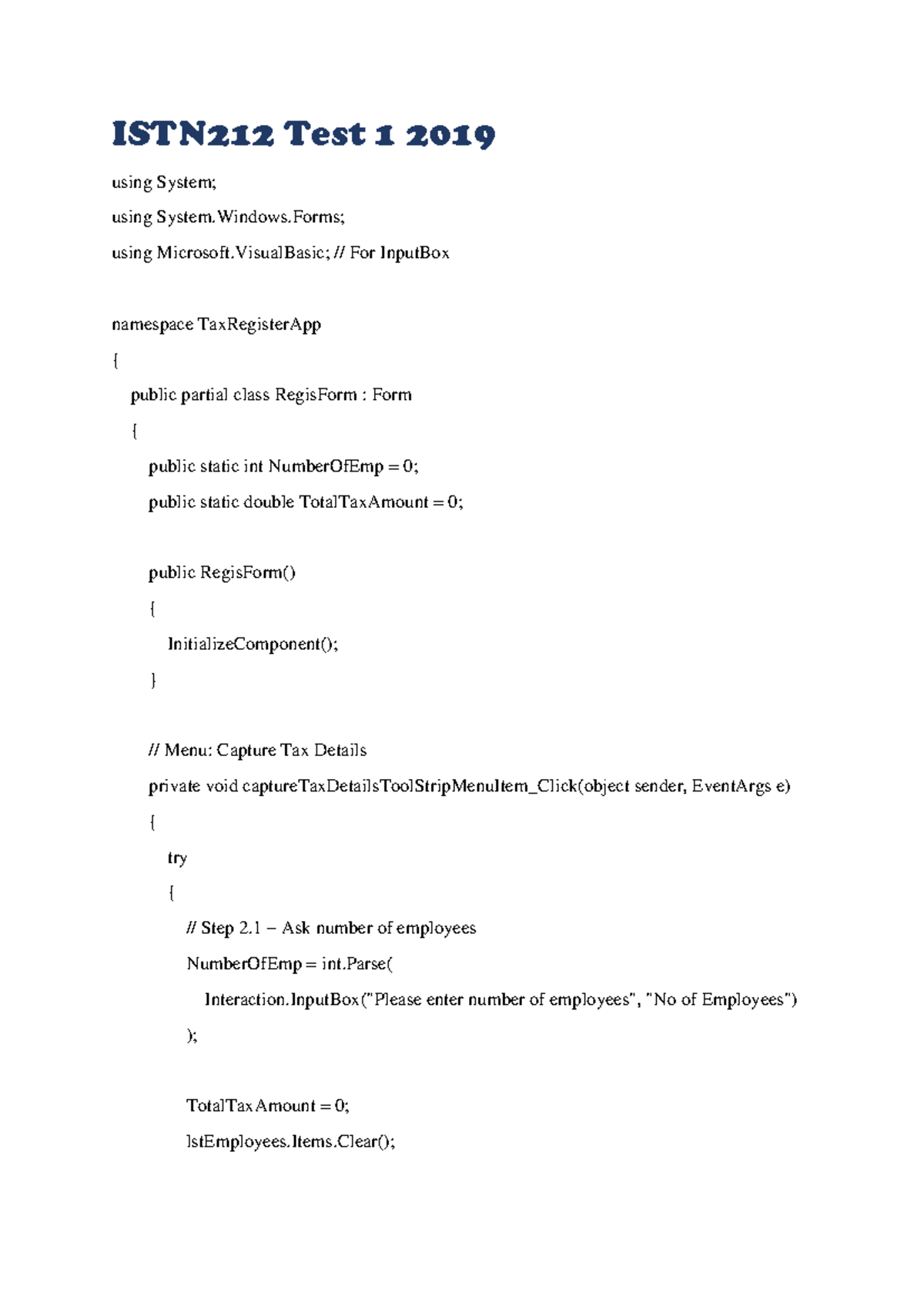 ISTN212 Test 1 2019 - Tax Register App Implementation Guide - Studocu
