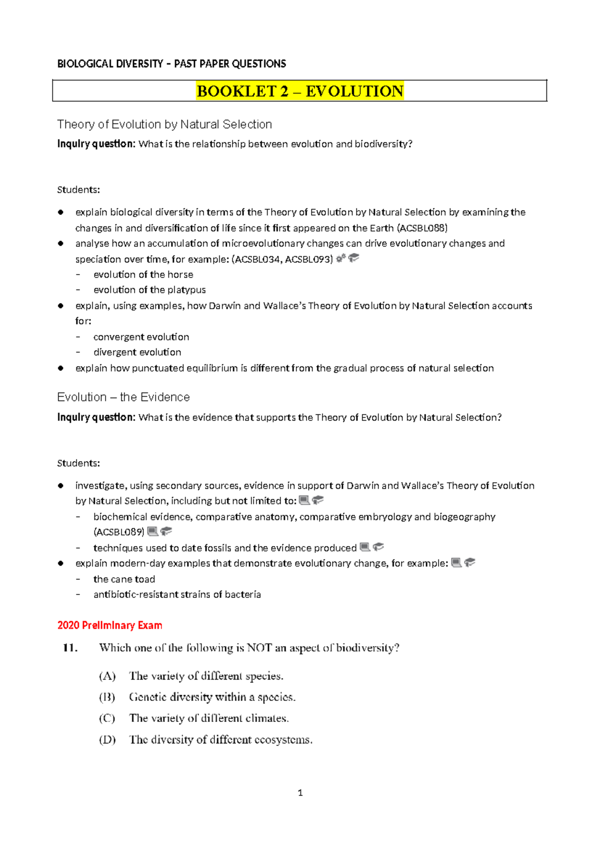 BIO 2020 Past Paper Questions: Evolution & Biodiversity Insights - Studocu