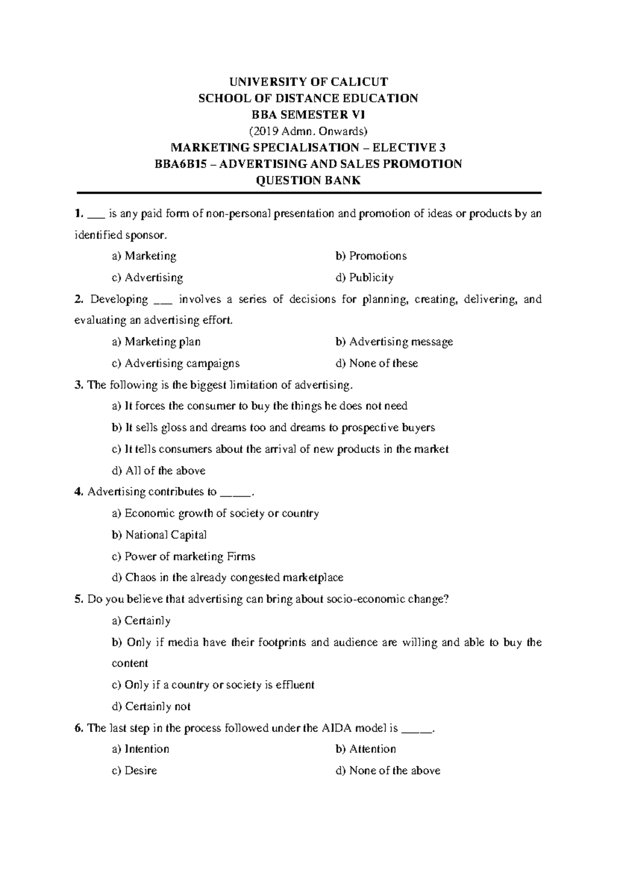 MCQ Question Bank for BBA6B15: Advertising & Sales Promotion - Studocu