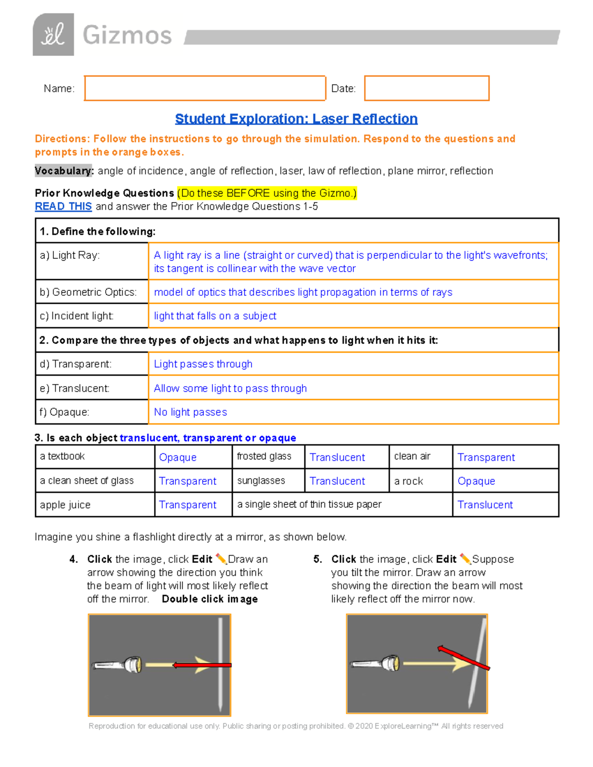 Copy of 03 - Laser Reflection - Gizmo - Name: Date: Student Exploration ...