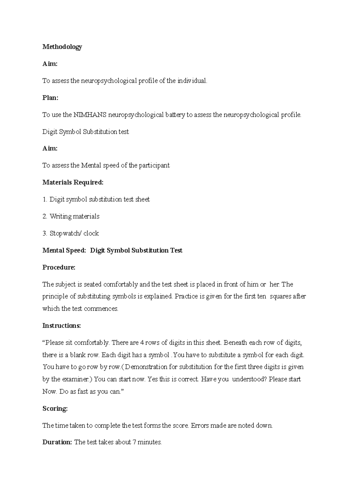 NIMHANS Methodology: Neuropsychological Assessment Techniques - Studocu