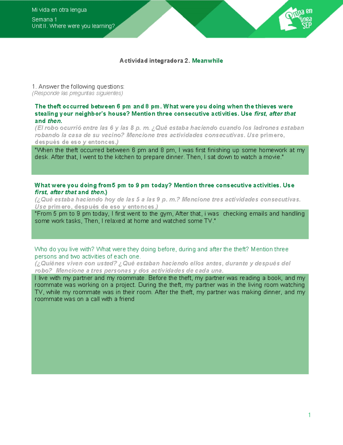 Actividad Integradora 2: Respuestas sobre mi vida en otra lengua - Studocu