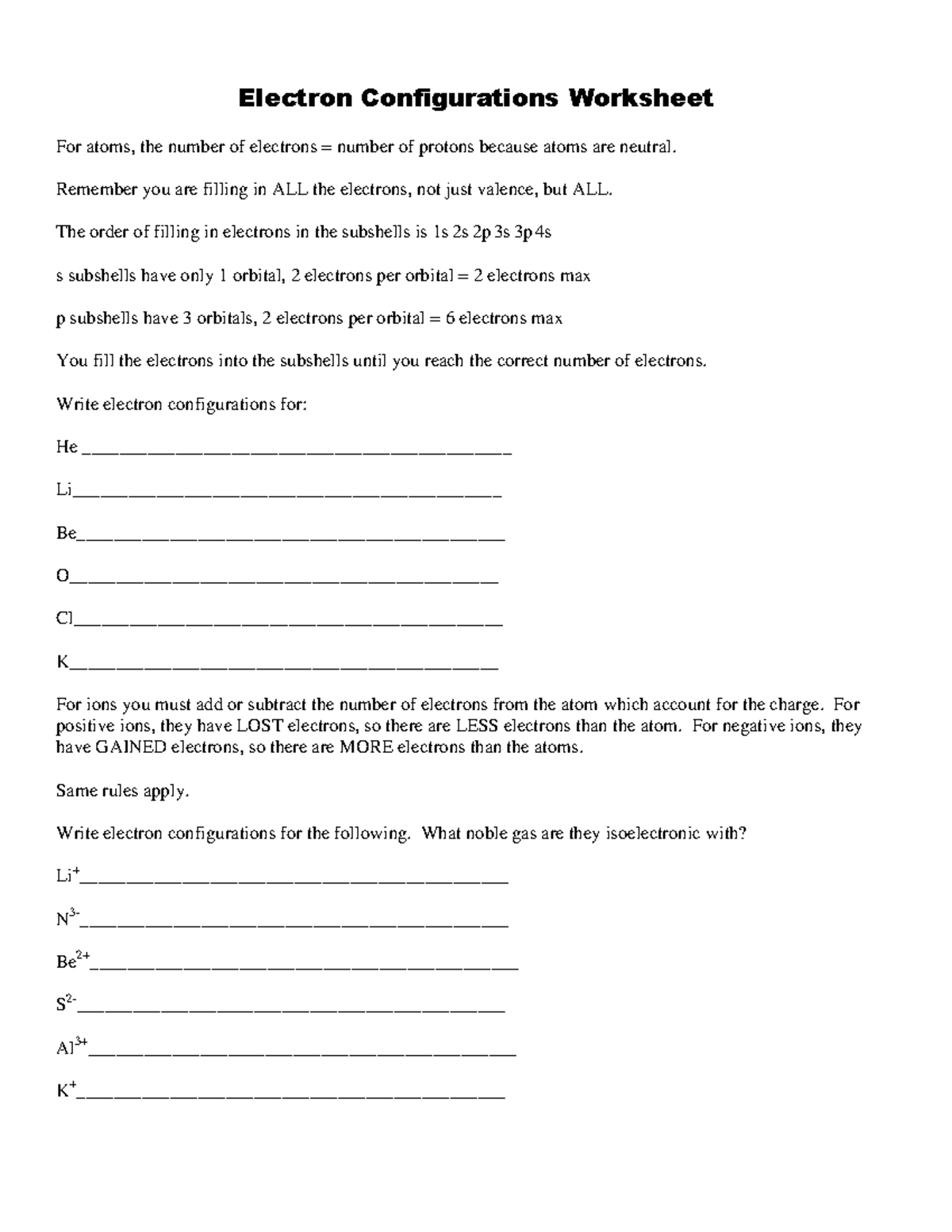 Electron Configuration of Atoms and Ions Worksheet with Answers - Studocu