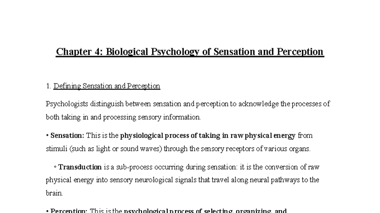Chapter 4: Biological Psychology of Sensation & Perception Insights ...
