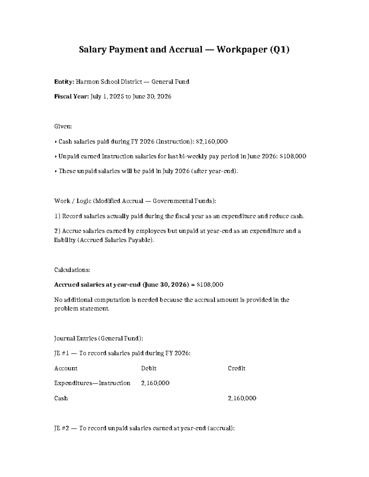 Q1 Salary Payment & Accrual Workpaper for Harmon School District - Studocu
