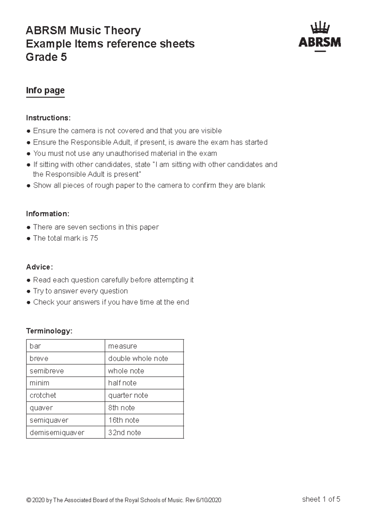 ABRSM Grade 5 Music Theory Example Items Reference Sheet - Studocu