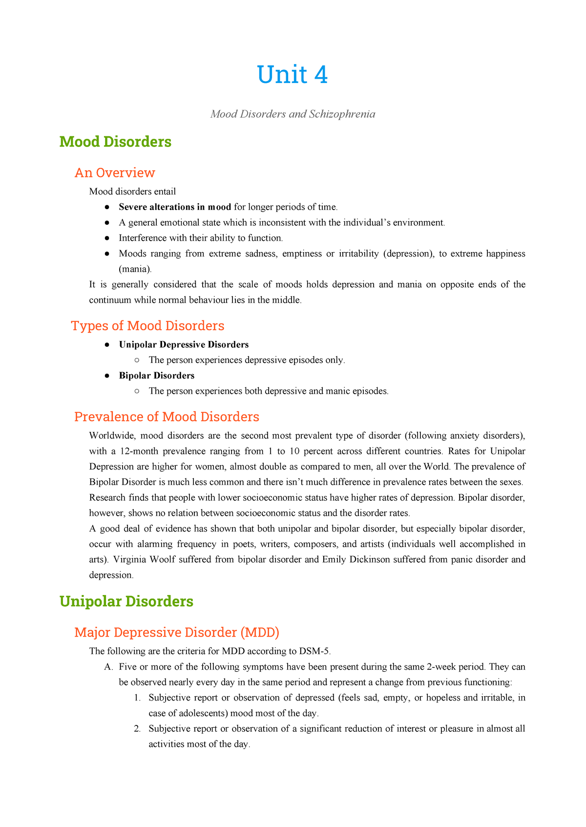 Abnormal Psychology Notes (Unit 4): Mood Disorders & Schizophrenia ...