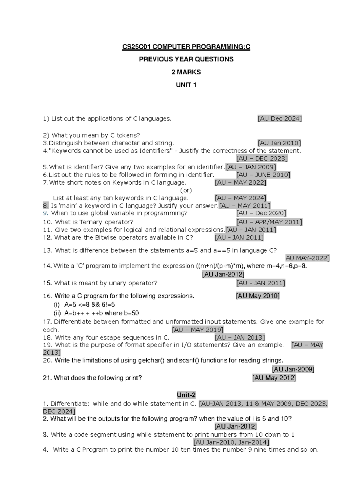 CS25C01 COMPUTER PROGRAMMING: IMPORTANT QUESTIONS FROM PREVIOUS YEARS ...