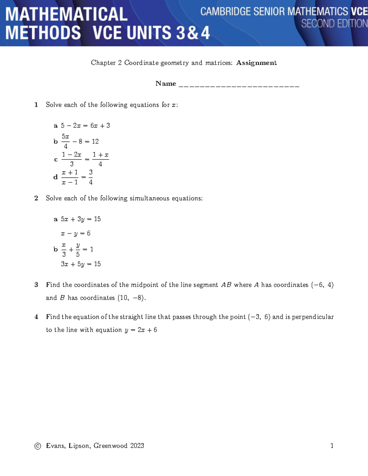 Chapter 2: Coordinate Geometry & Matrices Assignment 1 Solutions - Studocu