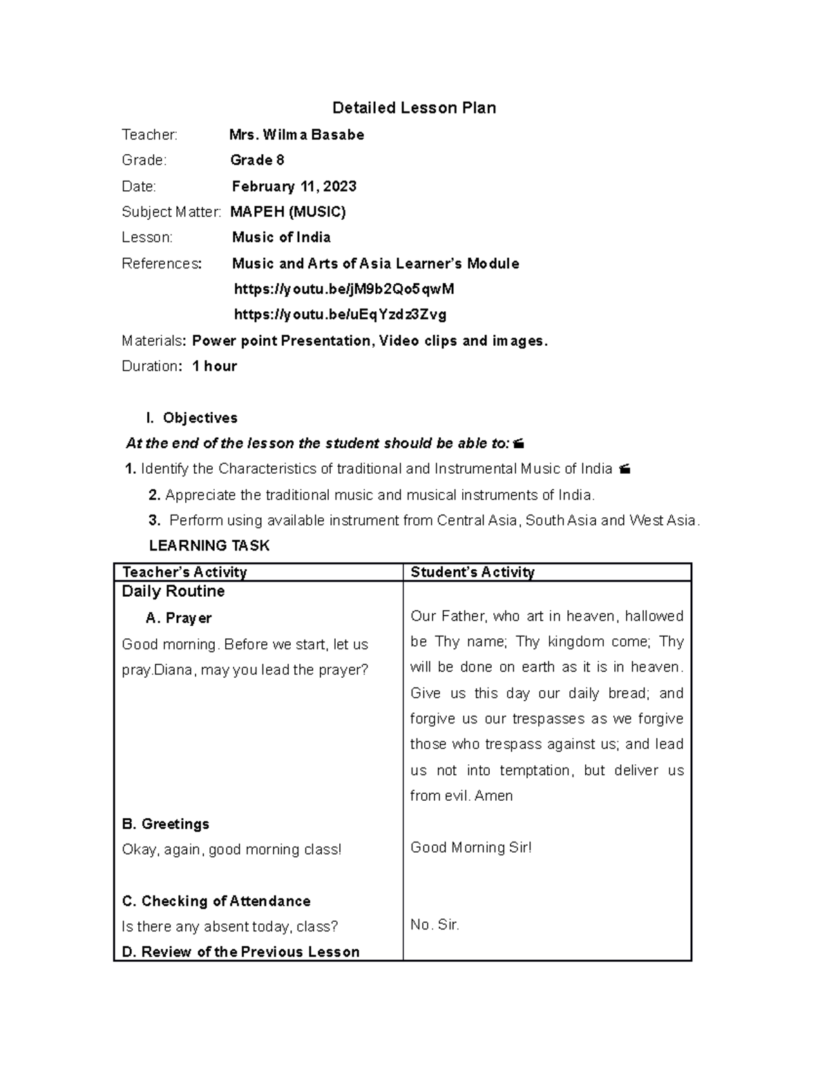 Detailed Lesson Plan for MAPEH 8: Exploring Indian Music - Studocu