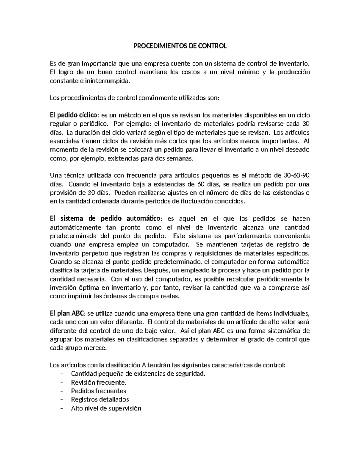 Procedimientos de Control de Inventario: Métodos y Técnicas - Studocu