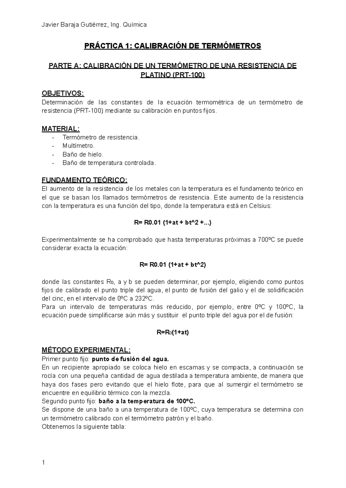 Informe de Prácticas de Calibración de Termómetros - Ing. Química - Studocu