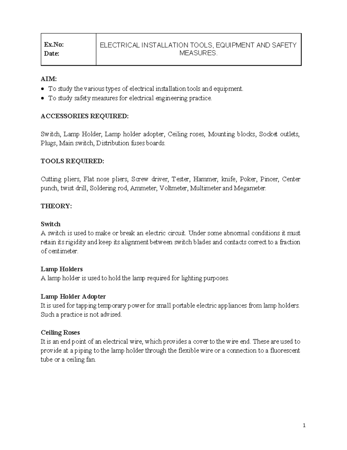Electrical Lab Manual: Installation Tools, Safety & Connections - Studocu