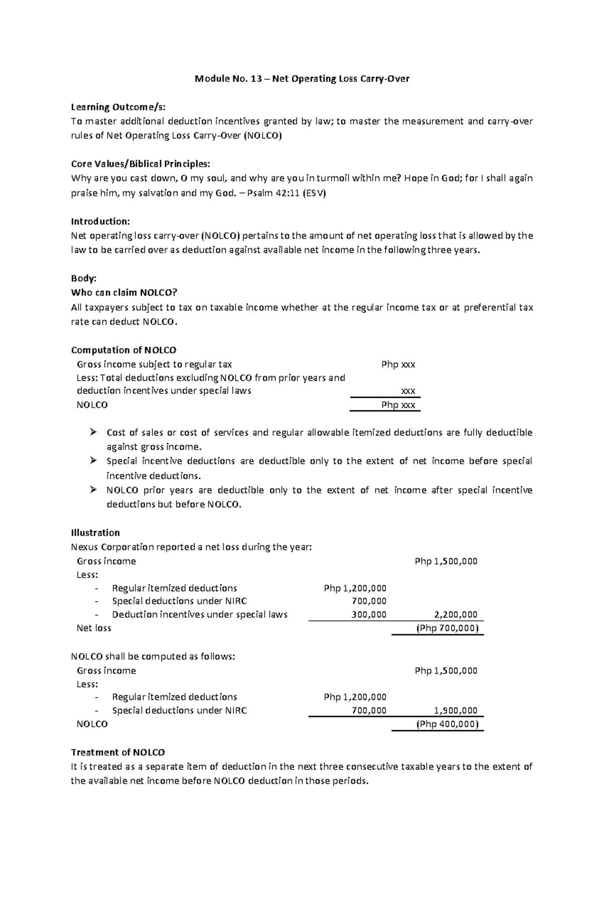 Module 11 - Net Operating Loss Carry Over - Module No. 13 – Net ...