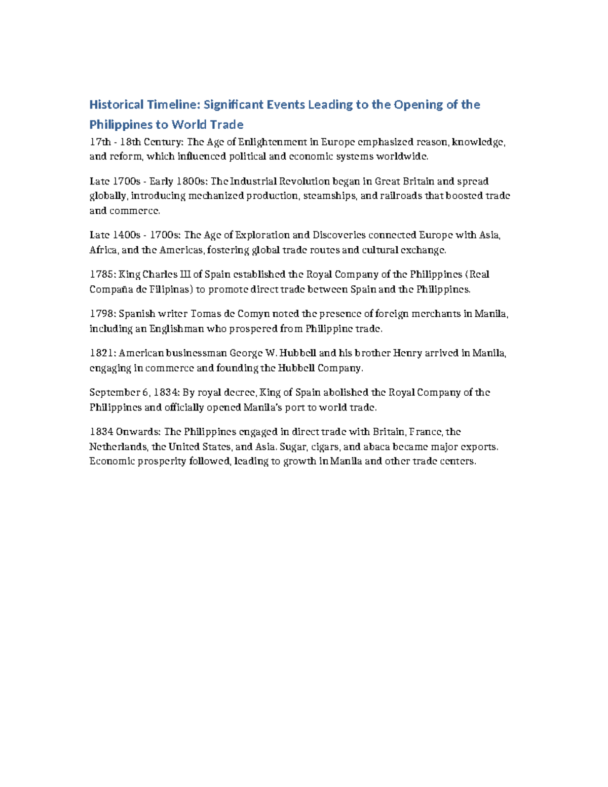 Timeline of Key Events in the Philippines' World Trade (17th-19th ...