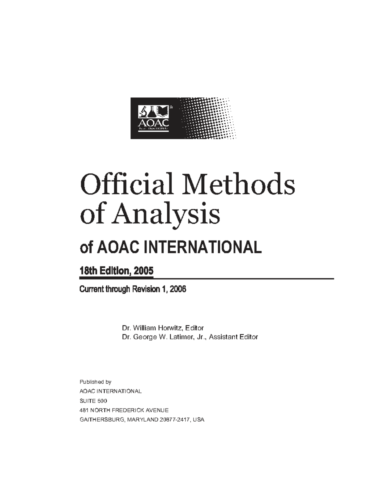 Official Methods of Analysis of AOAC INTERNATIONAL 18th Ed. (2005) - Studocu