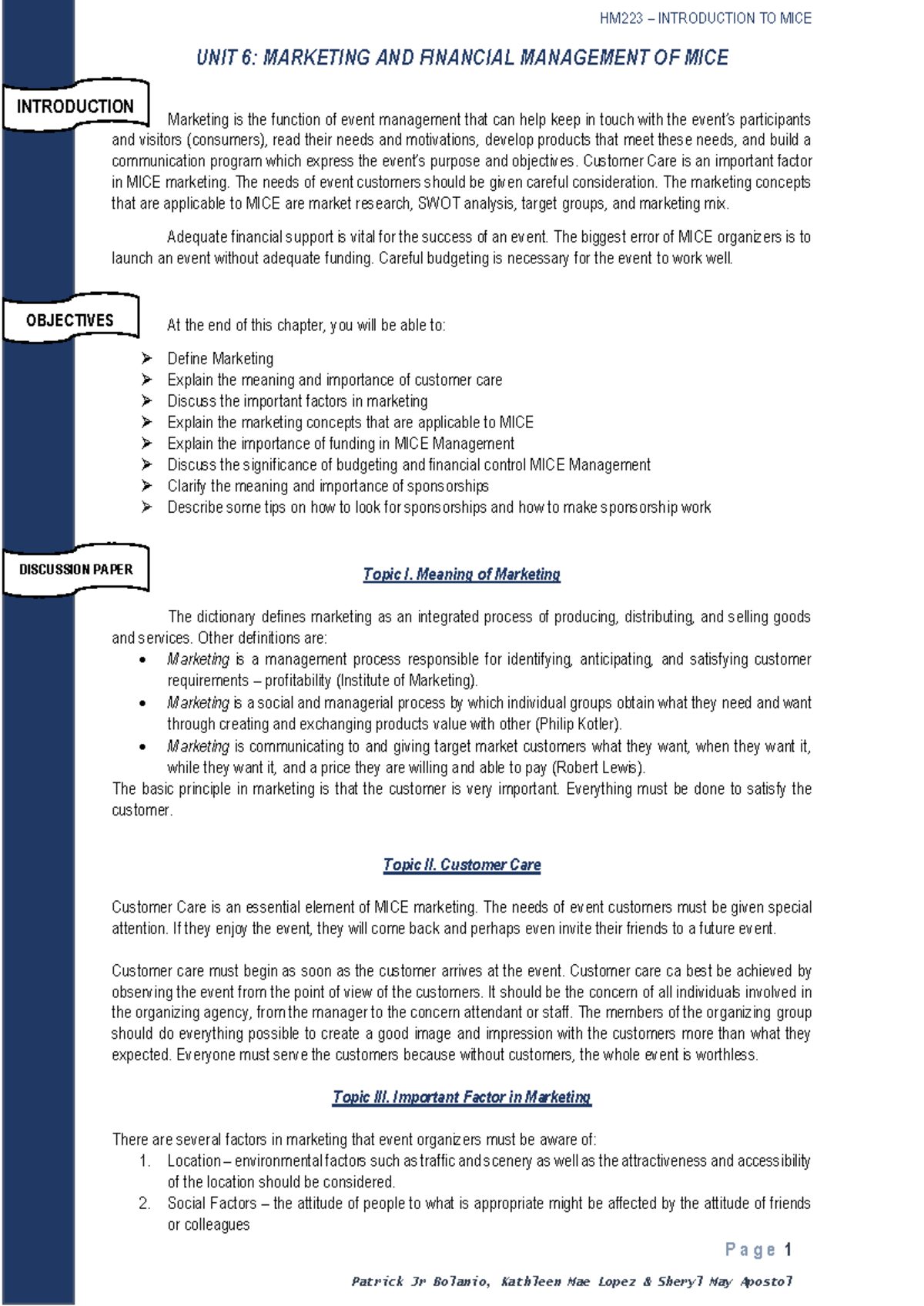 Module 6 - MICE - Marketing & Financial Management Lecture Notes - Studocu