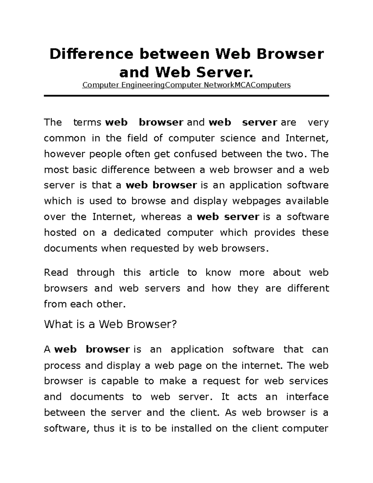 MCA Computer Networks: Difference Between Web Browser & Server - Studocu