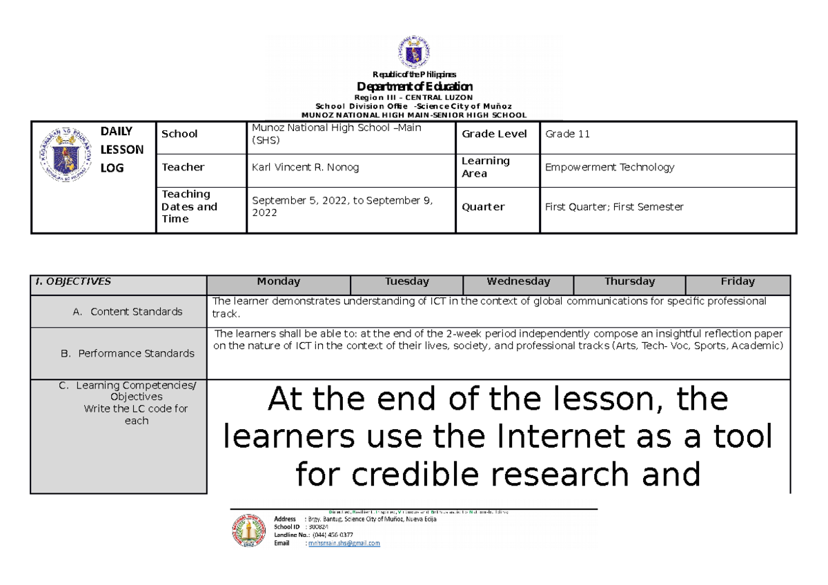 Empowerment Technology Weekly Lesson Log (TECH 2: Week 2) - Studocu