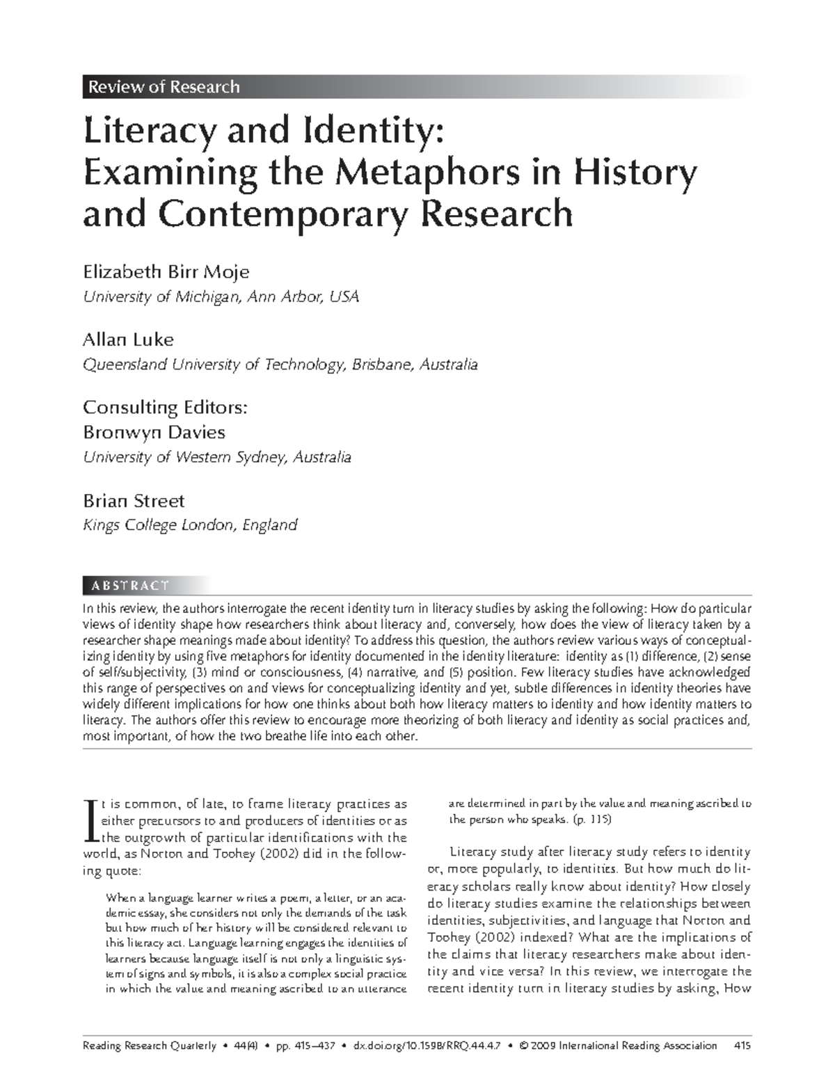 RRQ.44 - Exploring Identity Metaphors in Literacy Research: A Review ...