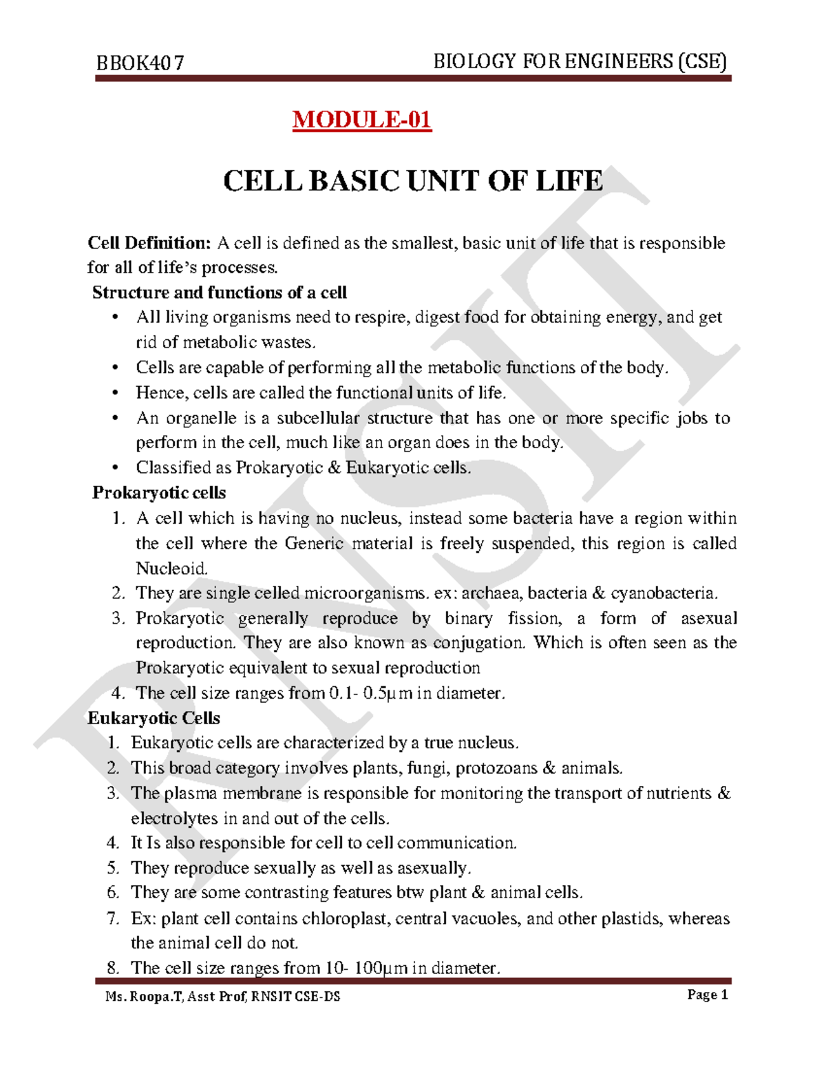 BIOLOGY FOR ENGINEERS (CSE) BBOK407: Cell Structure and Functions ...