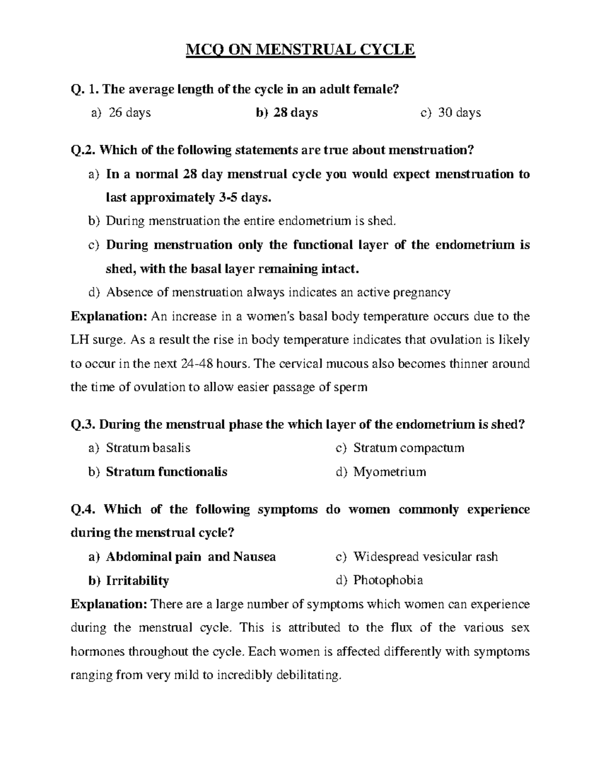 MCQ ON MENSTRUAL CYCLE - BIOLOGY PAST PAPERS - Studocu