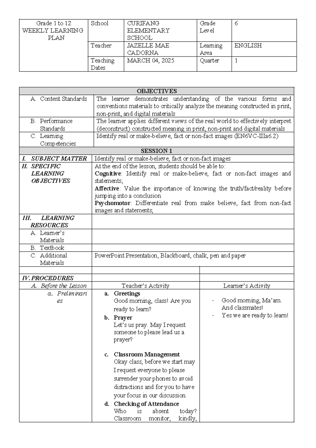 Grade 6 English Lesson Plan: Identifying Real vs. Make-Believe (2025 ...