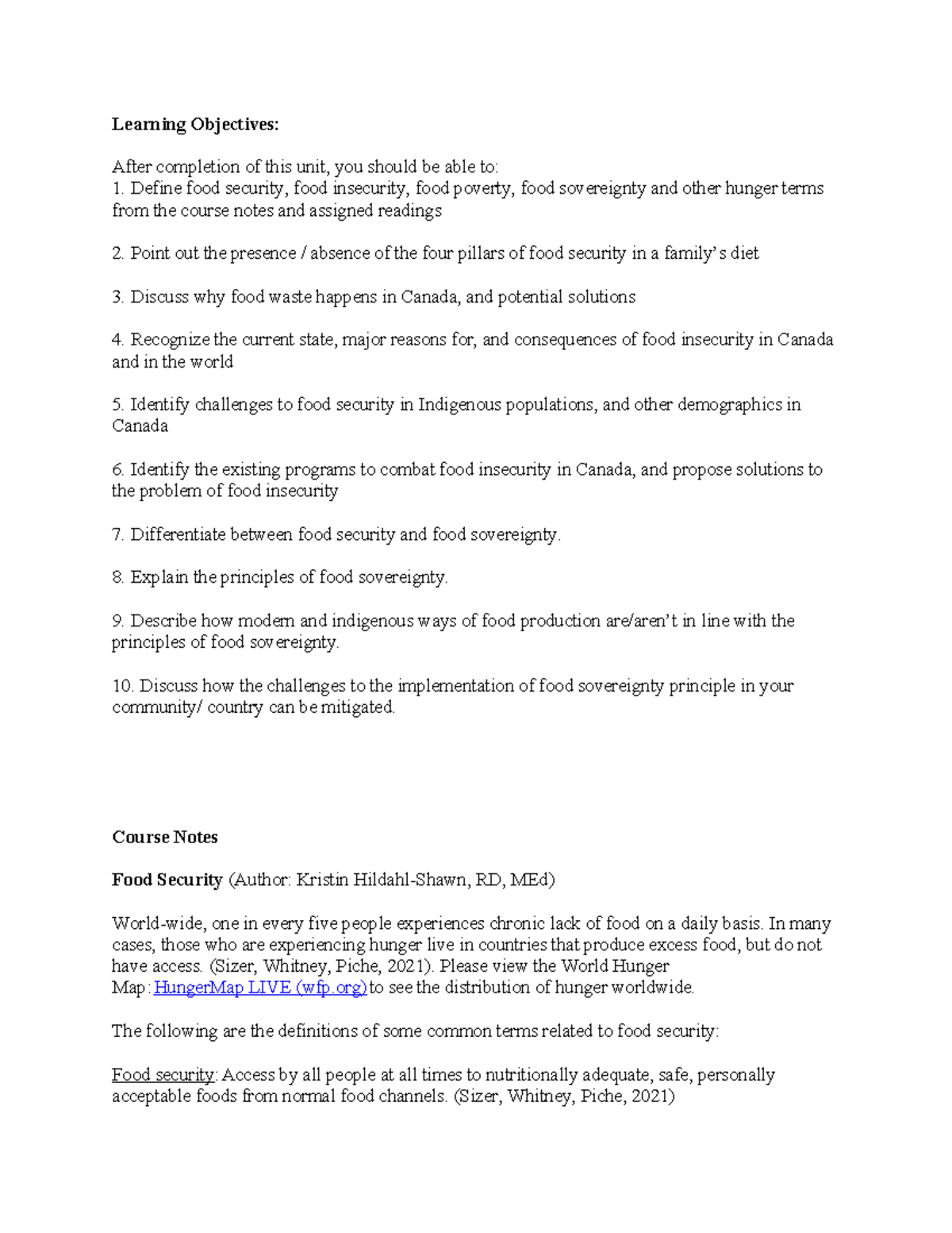 Food Security & Sovereignty: Key Concepts and Challenges (Course Notes ...