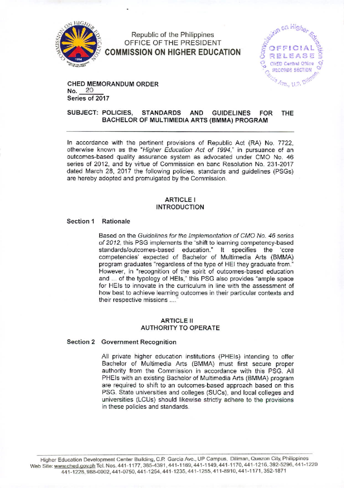 CHED CMO No. 20 s. 2017: Policies & Guidelines for BMMA Program - Studocu