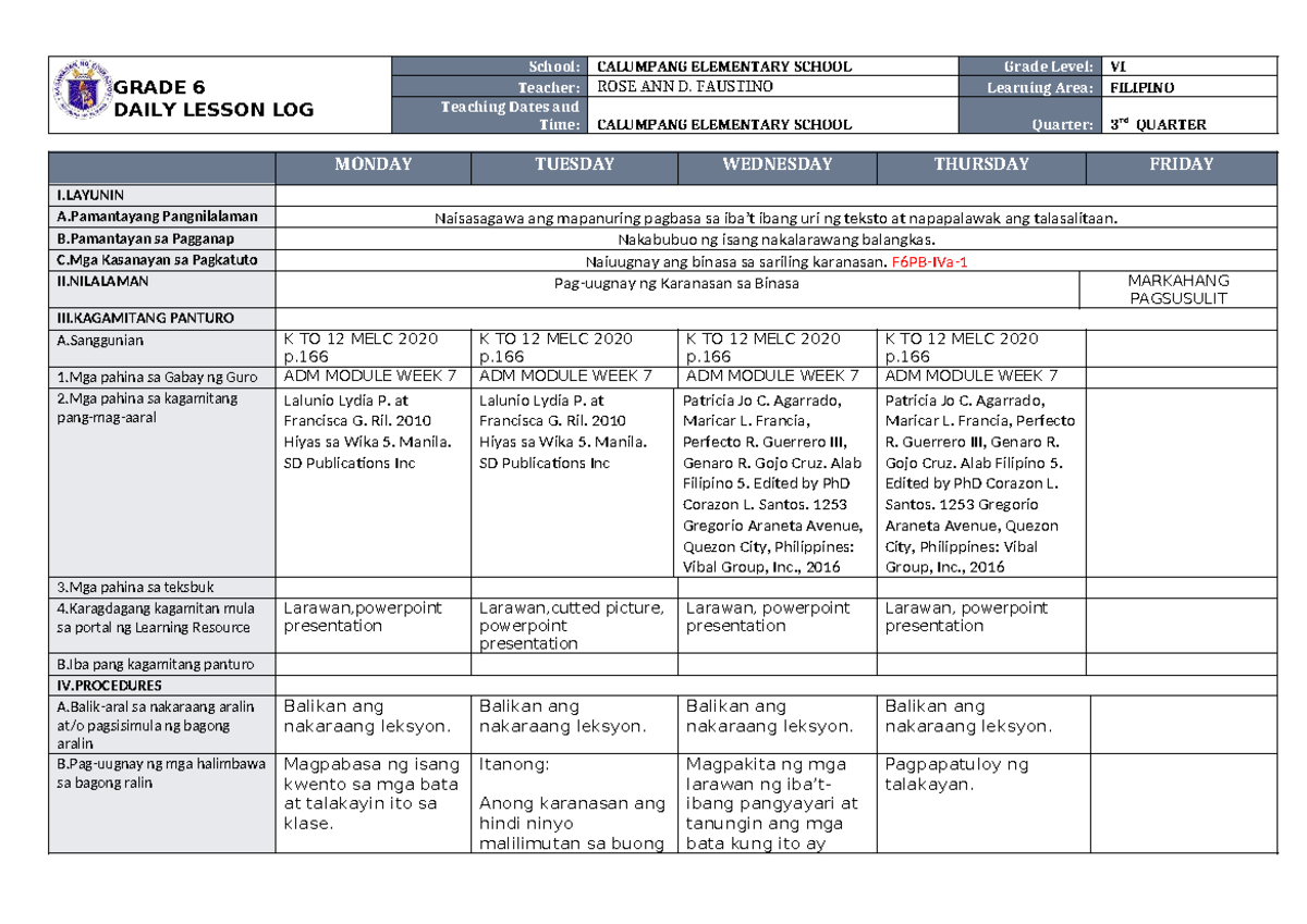 DLL Filipino 6 Q3 W8: Daily Lesson Log for Grade 6 - Studocu