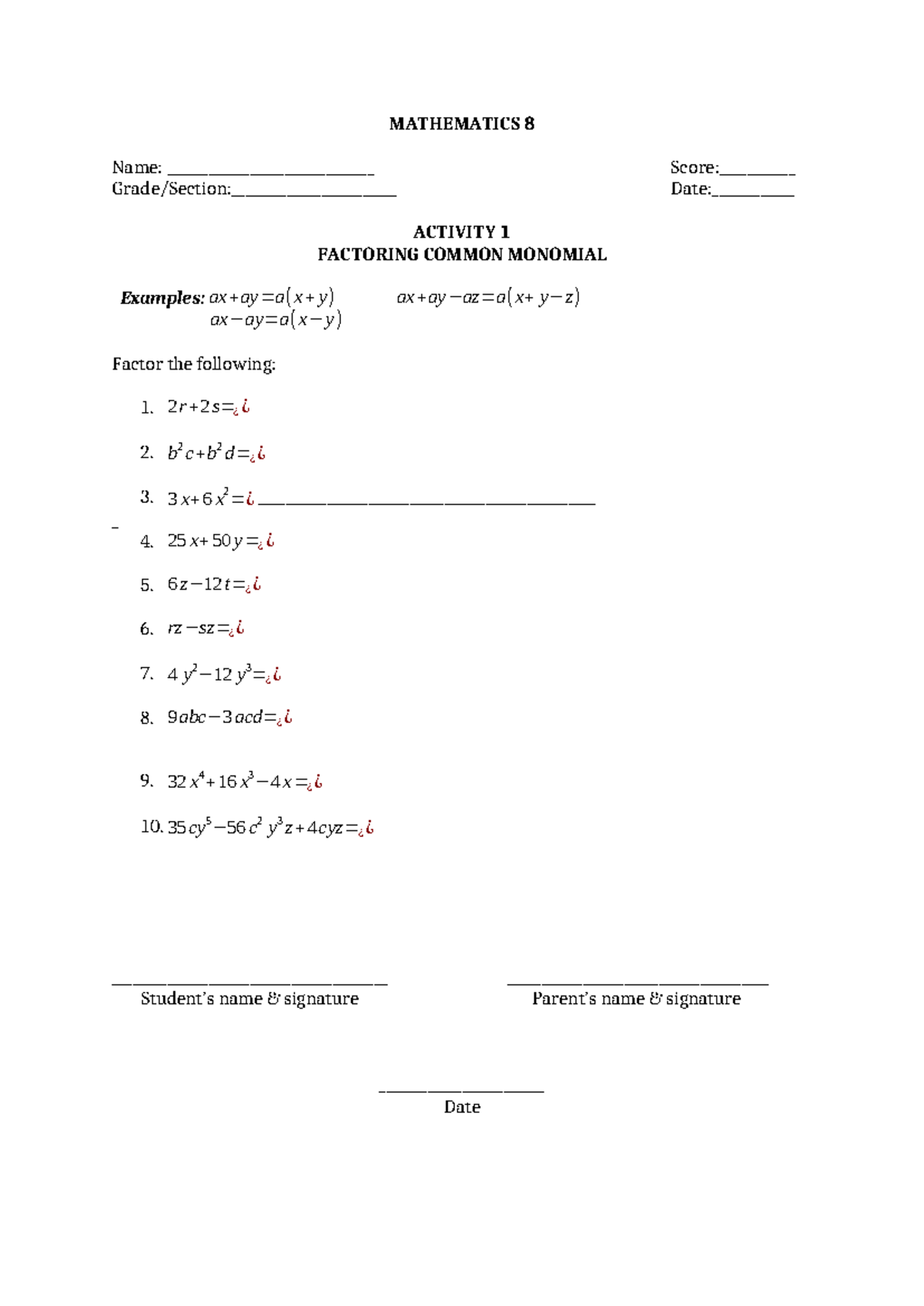 Activity - Math 8-Quarter 1 - MATHEMATICS 8 Name ...