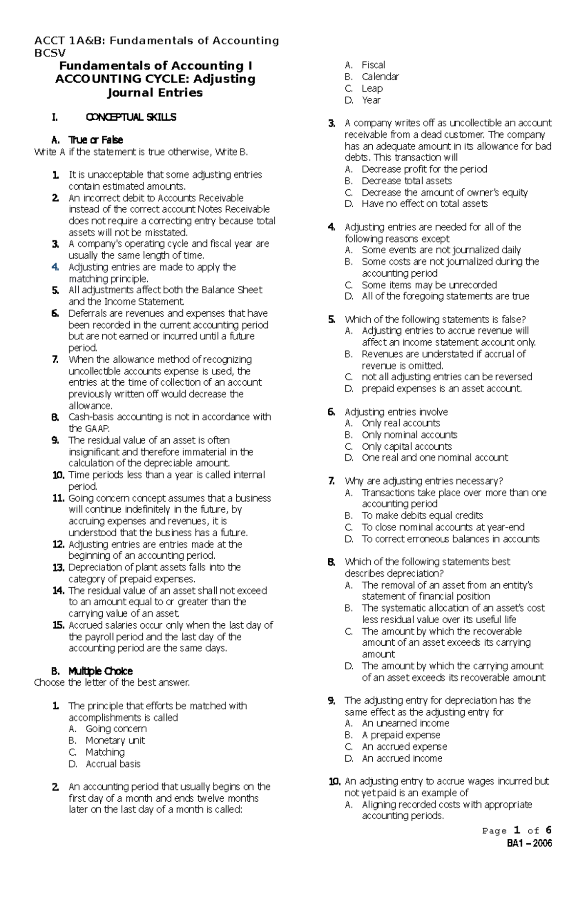 6-ACCT-1AB-AJE - Fundamentals of Accounting I: Adjusting Entries - Studocu